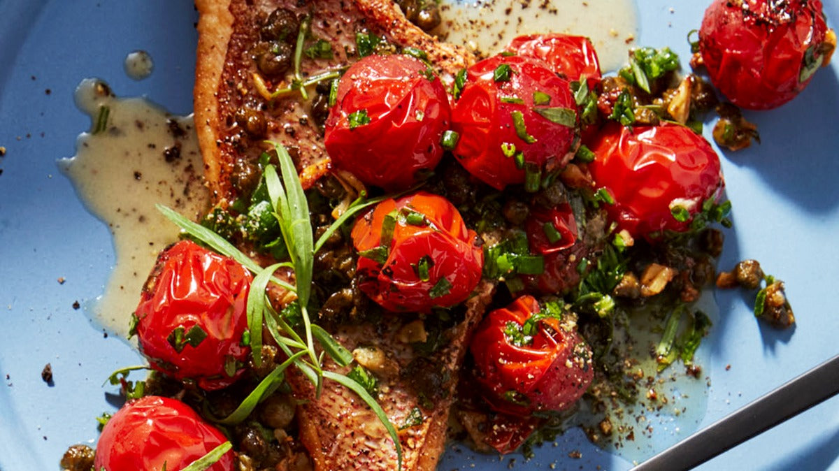 "Crispy-Skin Fish with Roasted Cherry Tomato Sauce" – Rachael Ray